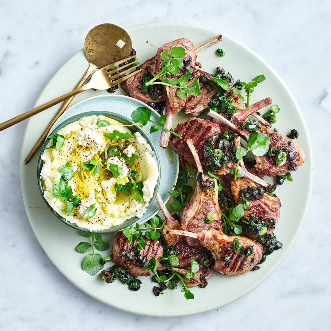 Greek lamb cutlets recipe with feta skordalia | Gourmet Traveller