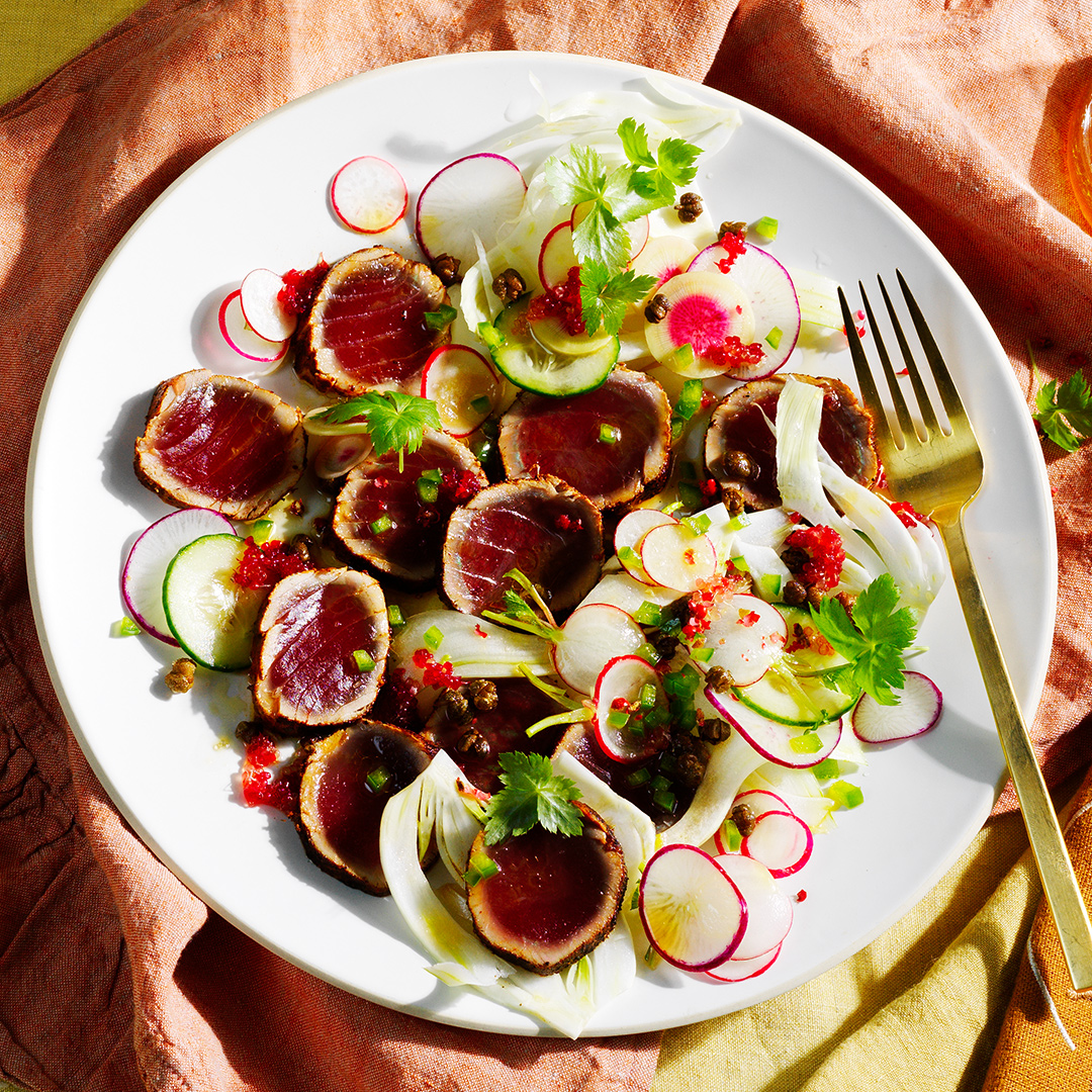 Seared tuna salad recipe with radish, finger lime and citrus dressing ...