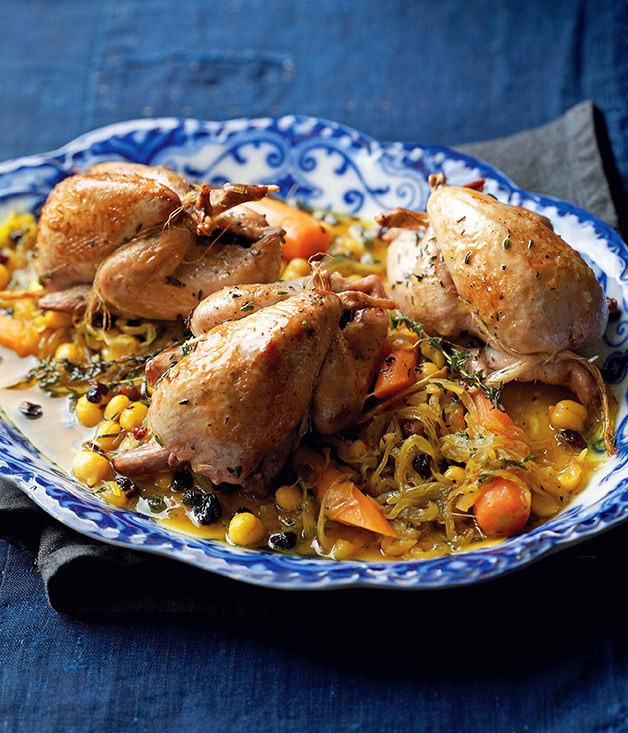 Quail stewed with melting onions, saffron and chickpeas | Gourmet Traveller