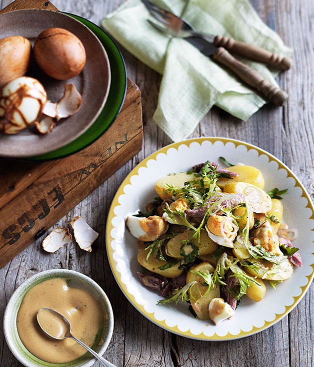 Smoked ham, smoked egg and potato salad with mustard dressing | Gourmet ...