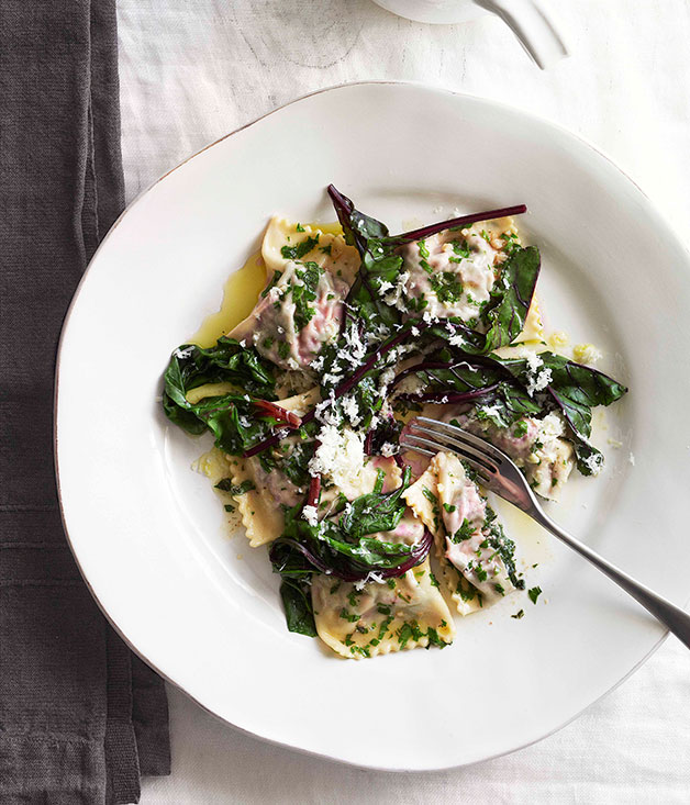 Beetroot leaf ravioli with ricotta salata and herb sauce | Gourmet ...