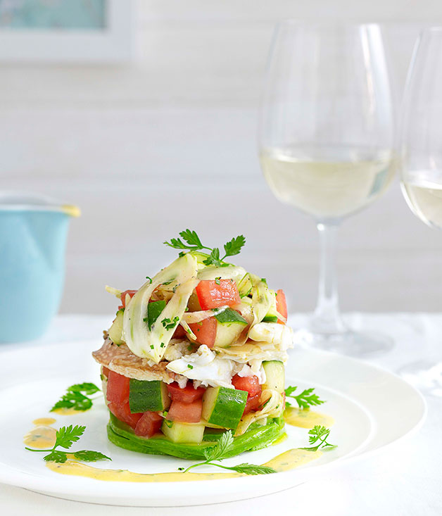 Tian of crab, tomato, fennel and cucumber with shellfish sauce ...
