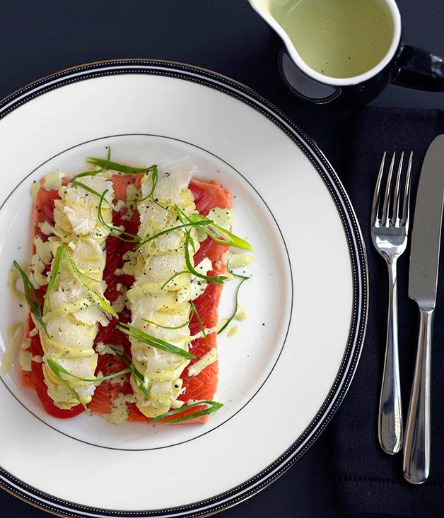 Rare poached ocean trout with esqueixada, ox heart tomatoes, kipfler ...