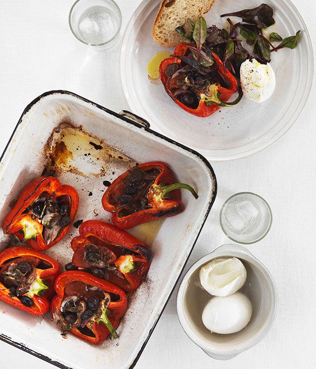 Roast capsicum with tomato, garlic and olives | Gourmet Traveller