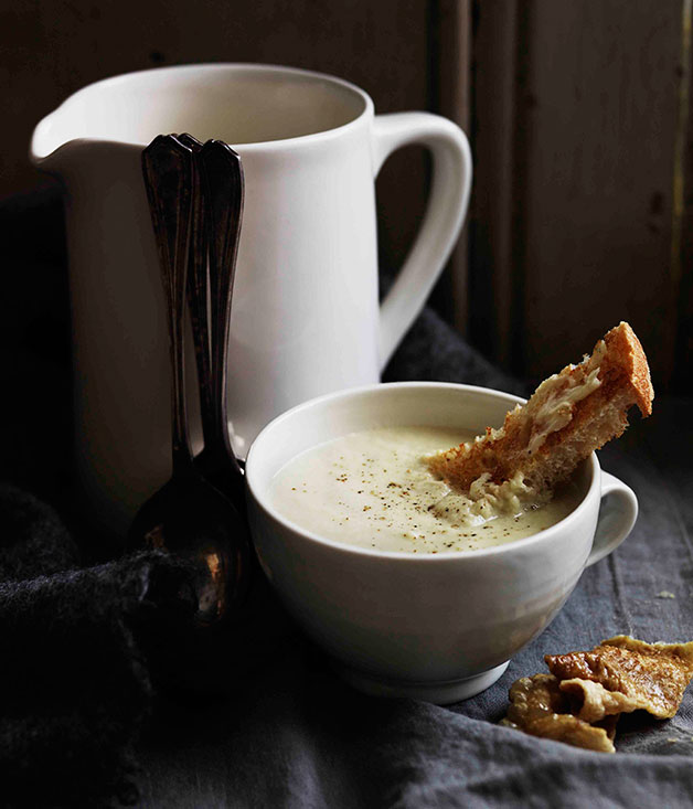Creamed chicken and leek soup with crisp chicken skin | Gourmet Traveller