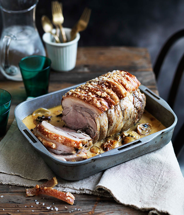 Roast pork neck with onions and green peppercorns | Gourmet Traveller