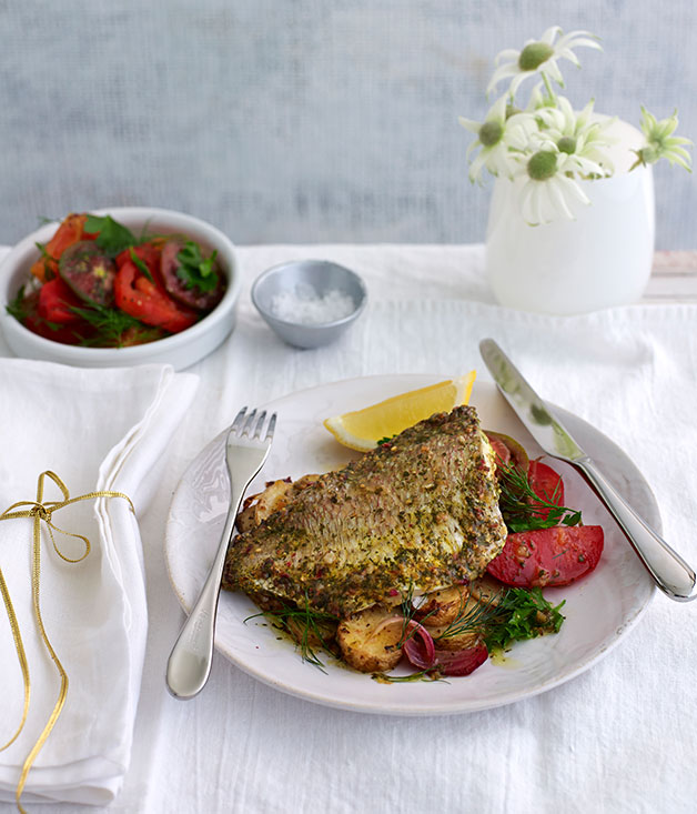Chermoula snapper with lemon potatoes and tomato salad recipe | Gourmet ...