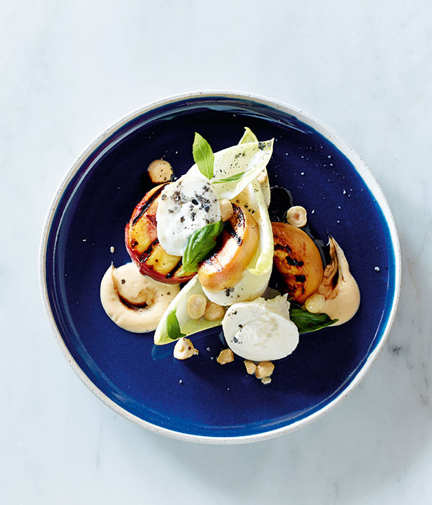Grilled peach, witlof, burrata, balsamic, hazelnuts recipe | Salad ...