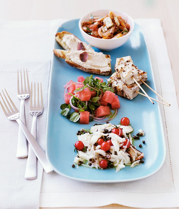 Swordfish kebabs with watermelon salad recipe | Greek recipe | Gourmet ...