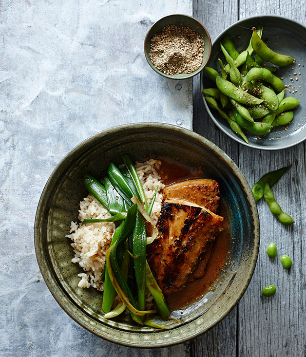 Miso-glazed mulloway with sesame rice and spring onion recipe | Gourmet ...