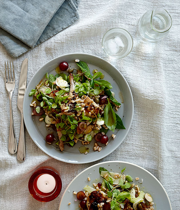 Quail, spelt, grape and caperberry salad recipe | Gourmet Traveller