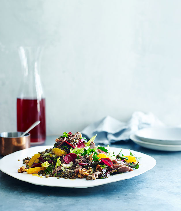 Confit duck, lentil and walnut salad recipe | Gourmet Traveller