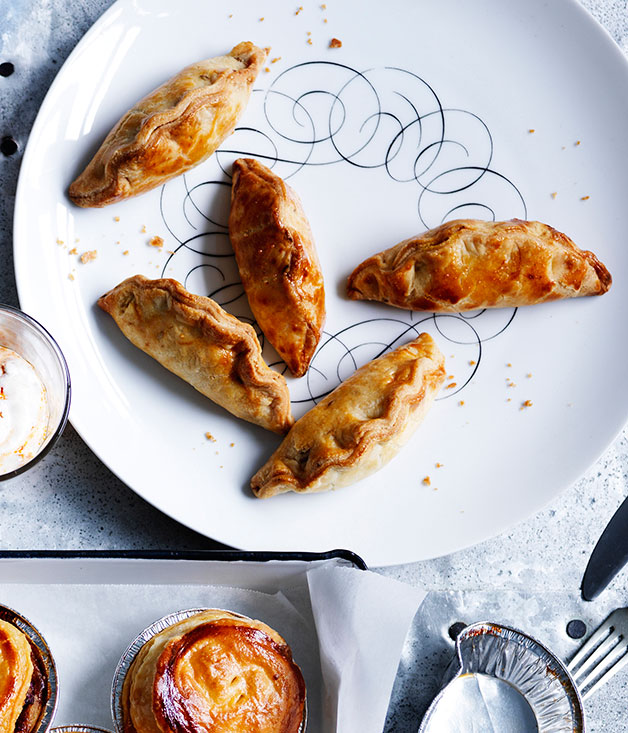 Spiced pasties with lime-pickle yoghurt recipe | Gourmet Traveller