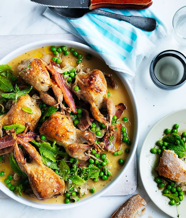 Roast quail with bacon, peas and mint recipe | Gourmet Traveller