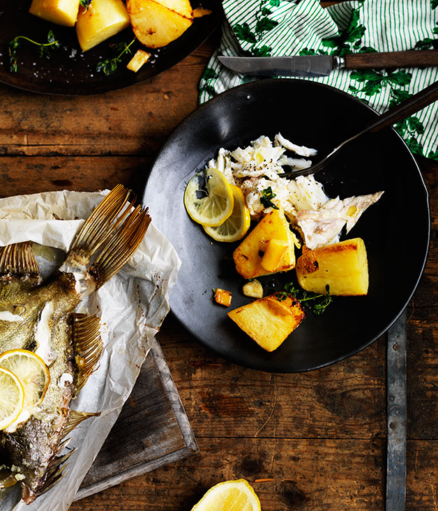 Whole roasted fish with potatoes recipe | Pesce intero al forno | River ...