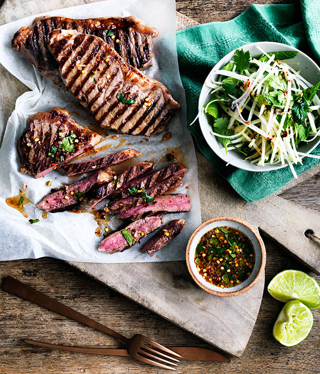 Fast char-grilled sirloin with green papaya and jaew recipe | Gourmet ...