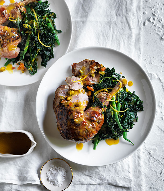 Apricot and pistachio stuffed turkey legs recipe | Gourmet Traveller