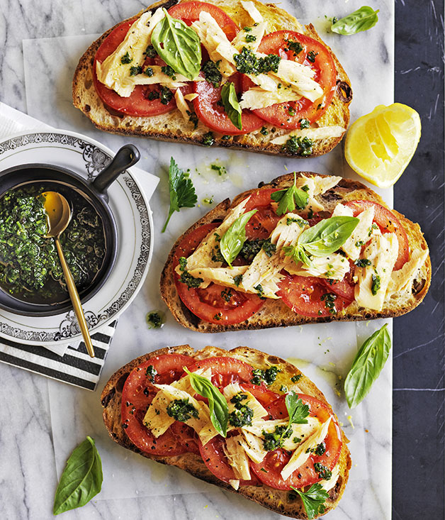 Preserved tuna and tomato open-faced panini recipe | Gourmet Traveller