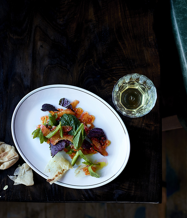 Salmon roe with mint and flatbread recipe | Gourmet Traveller