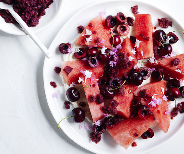 Watermelon and cherry salad with cheat's cherry granita recipe ...
