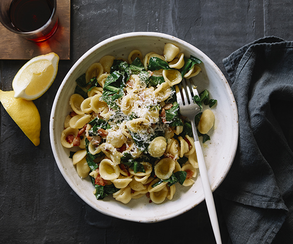 Orecchiette with turnip tops, bacon and lemon recipe | Gourmet Traveller