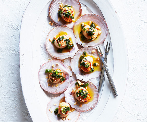 Grilled scallops with spring onion and peanuts recipe | Gourmet Traveller
