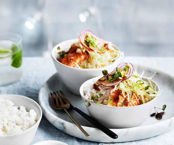 Sashimi rice bowls recipe with pickled ginger dressing and wasabi peas ...