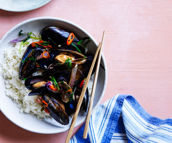 Mussels with garlic chives recipe and ginger rice | Gourmet Traveller