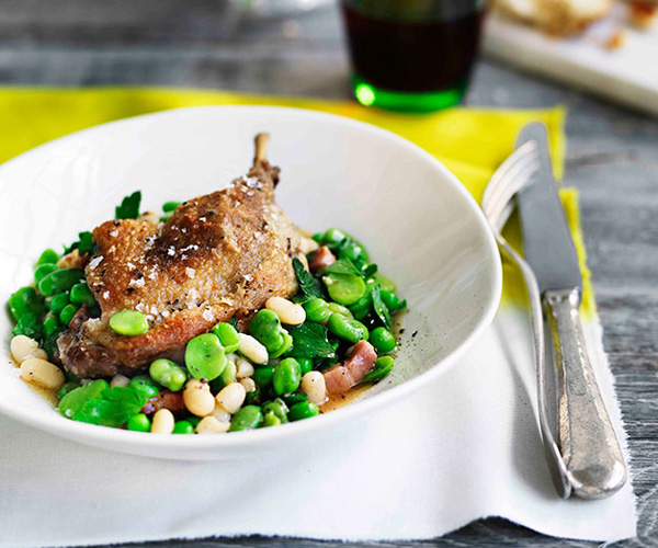 Confit duck with white beans, speck and broad beans | Gourmet Traveller