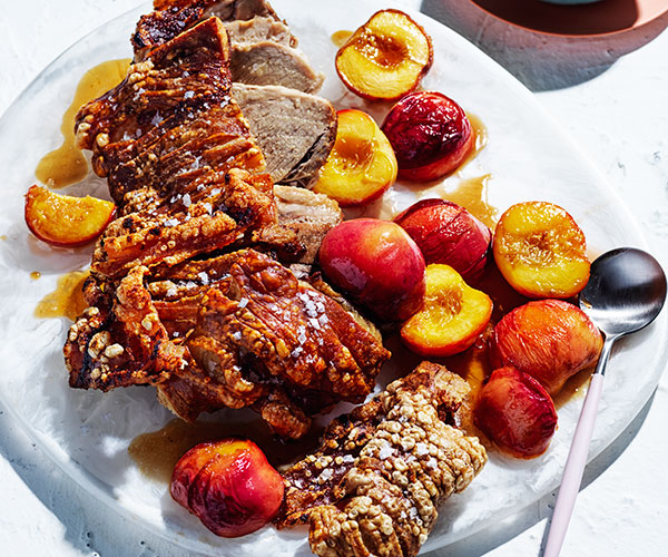 Roast pork recipe with crackling and nectarines | Gourmet Traveller