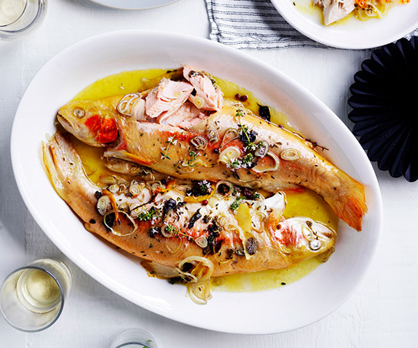 Baked golden trout with roe recipe | Gourmet Traveller