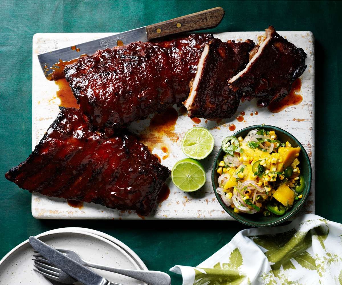 Sticky pork ribs with mango and jalapeño salsa | Gourmet Traveller