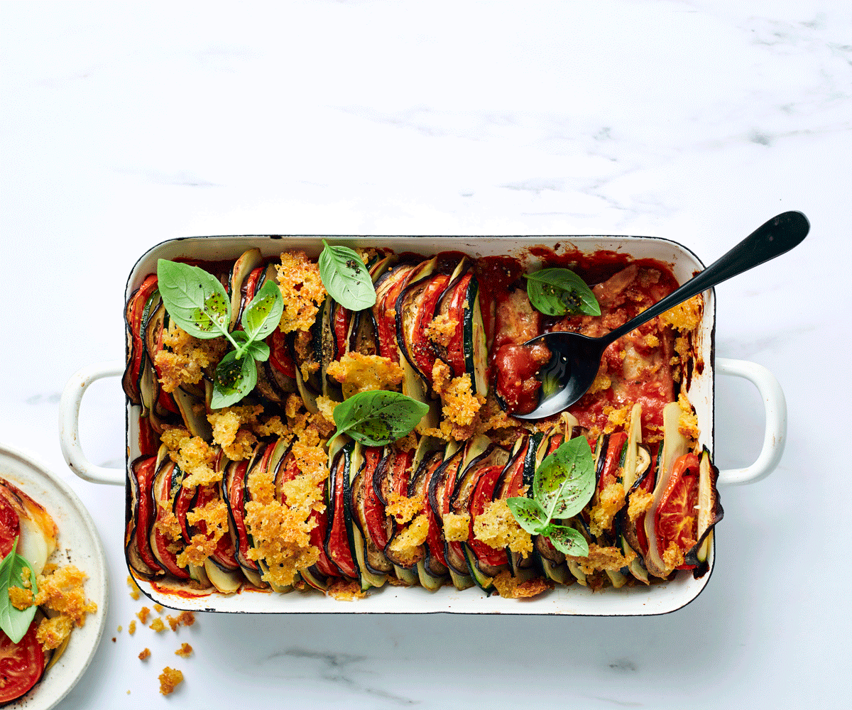 Vegetable tian with thyme crumb recipe | Gourmet Traveller