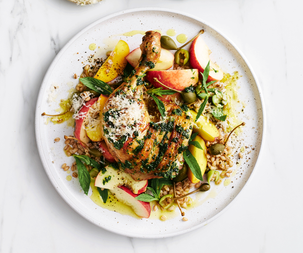 Pollo al mattone with peach and barley salad recipe | Gourmet Traveller