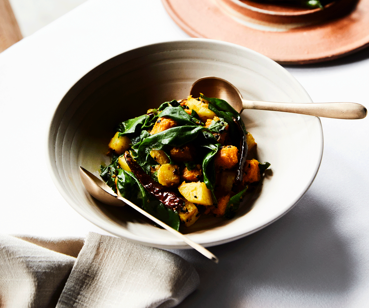Stir-fried warrigal greens and vegetables (shak bhaja) | Gourmet Traveller