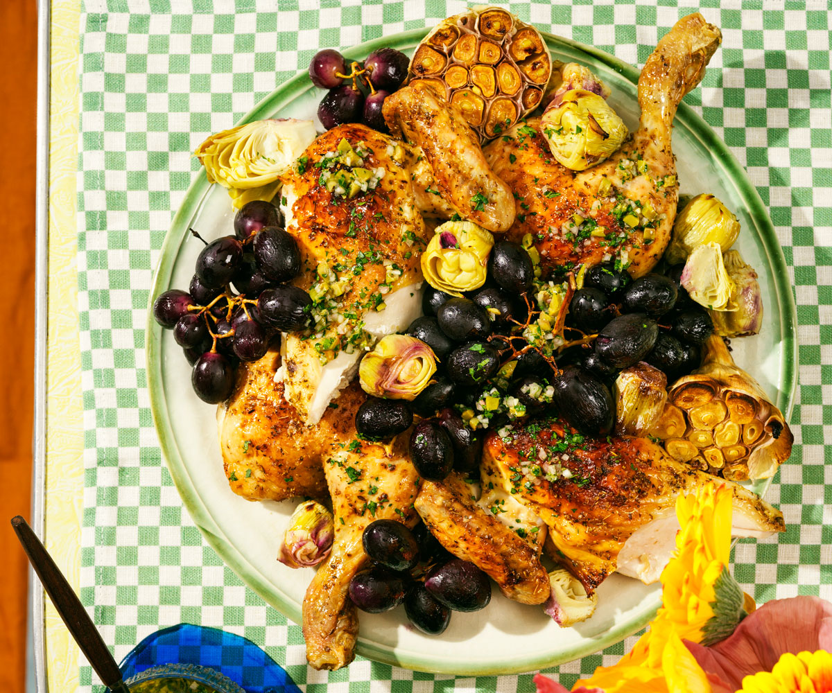 Chicken Marbella with olive dressing recipe | Gourmet Traveller
