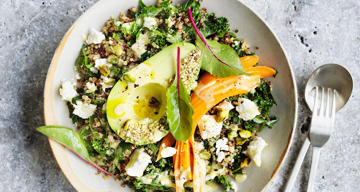 Avocado bowl with quinoa, kale and tahini lemon dressing recipe ...