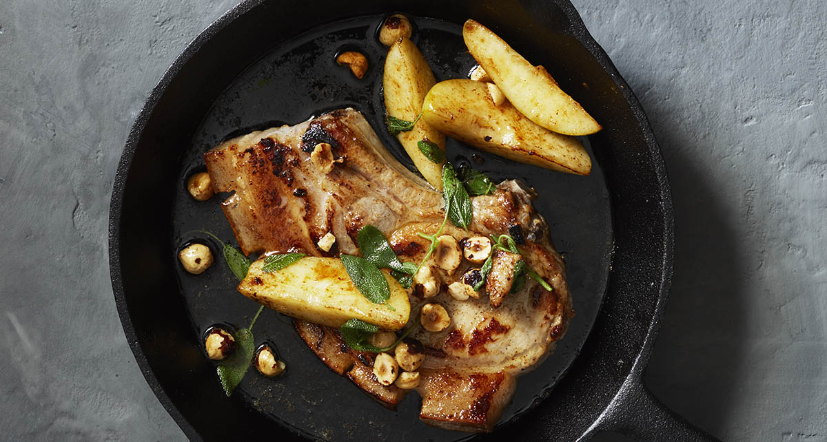 Pork chops with hazelnut and sage recipe | Gourmet Traveller