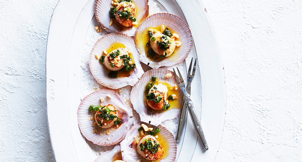 Grilled scallops with spring onion and peanuts recipe | Gourmet Traveller
