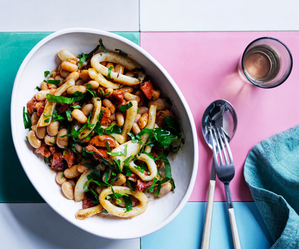 Braised beans recipe with chorizo and calamari | Gourmet Traveller