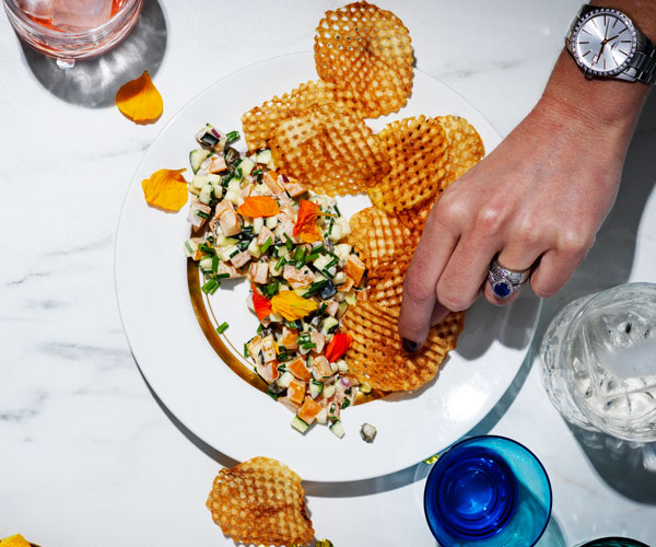 Potato gaufrettes recipe with summer-vegetable tartare | Gourmet Traveller
