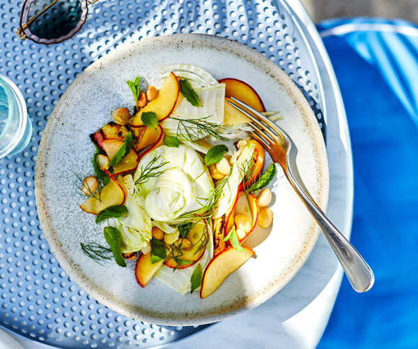 Burrata with peach and fennel recipe by Jason Saxby | Gourmet Traveller