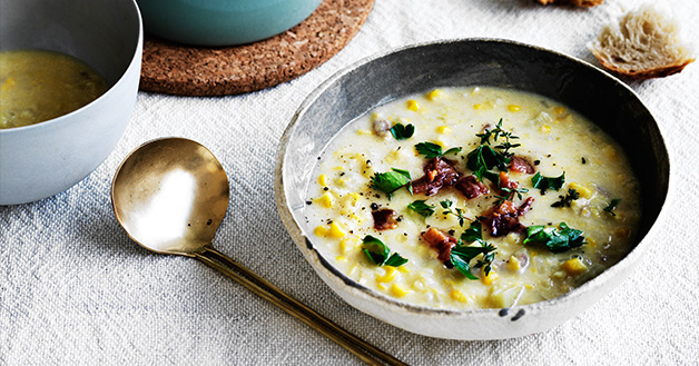 Smoked bacon, potato and corn chowder recipe | Gourmet Traveller