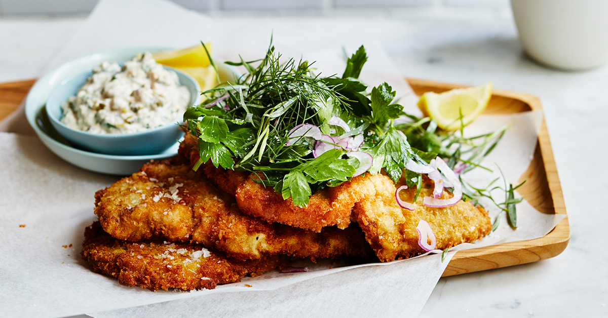 Veal schnitzel recipe with tuna sauce and herb salad | Gourmet Traveller