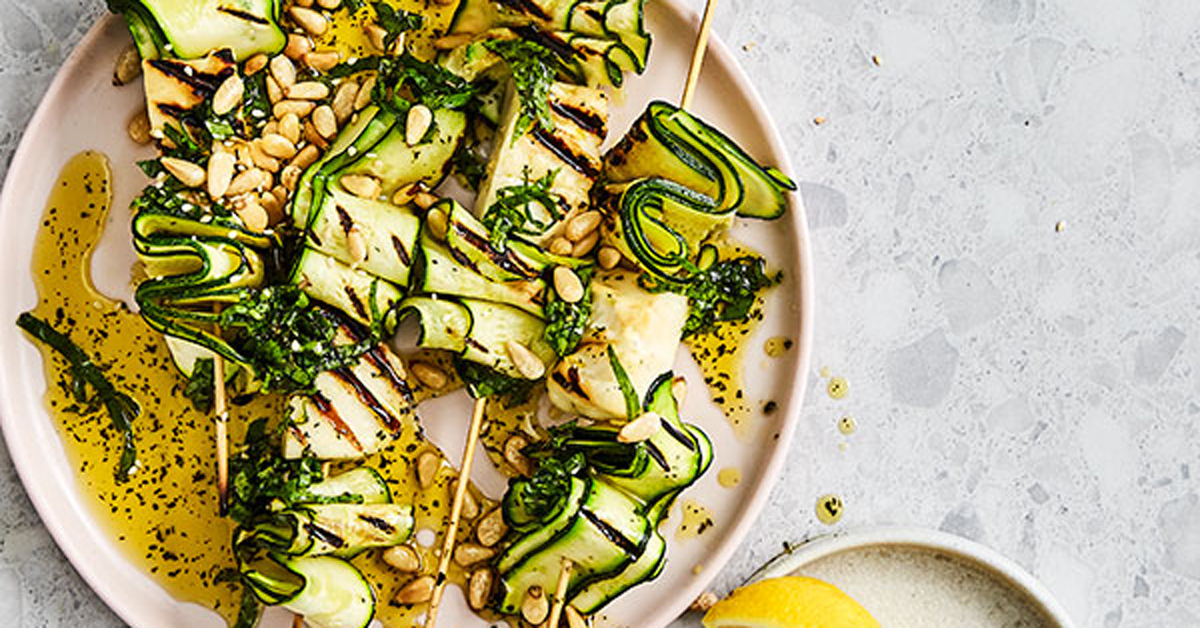 Zucchini and haloumi skewers recipe with mint dressing | Gourmet Traveller