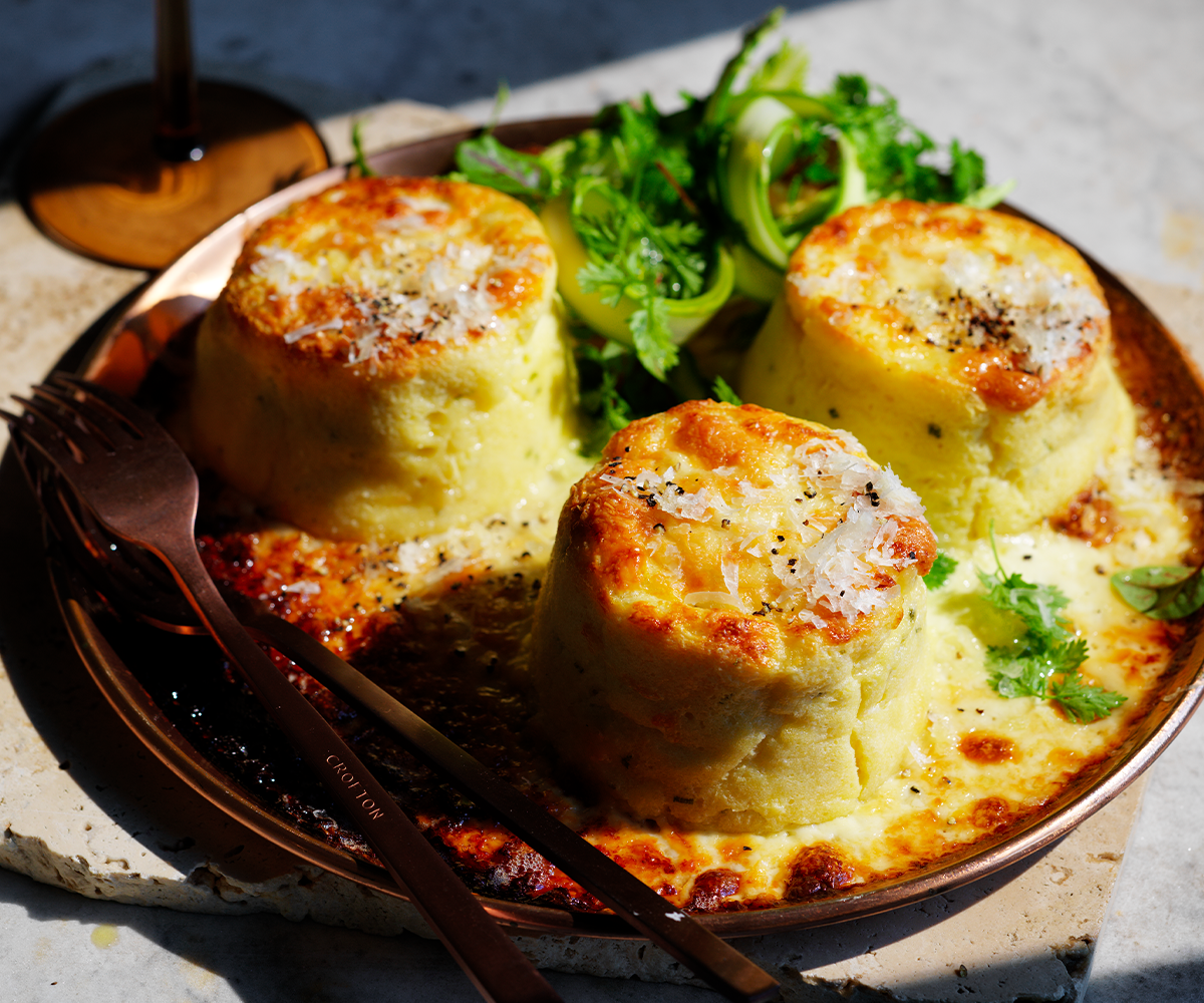 Twice-baked goat’s cheese soufflé recipe with Manchego | Gourmet Traveller